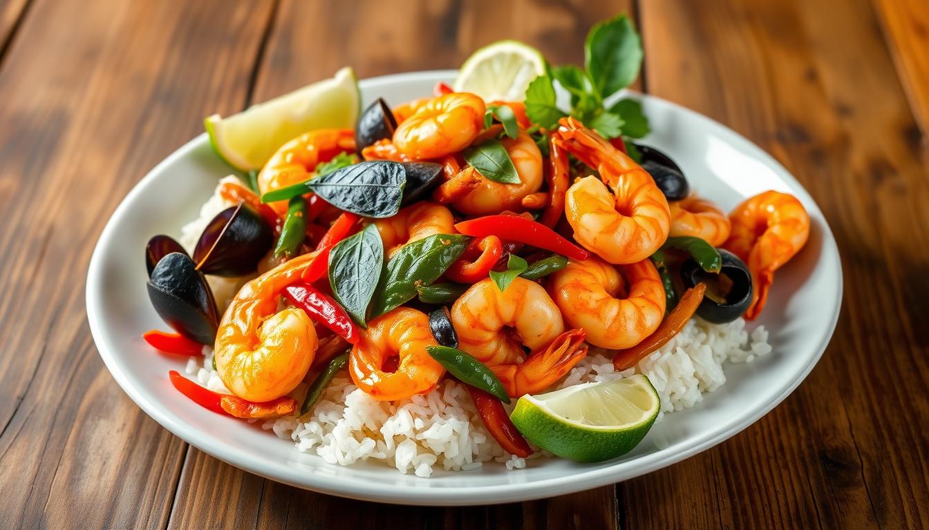 Pad Kra Pao Talay (ผัดกะเพราทะเล): Thailändisches Seafood